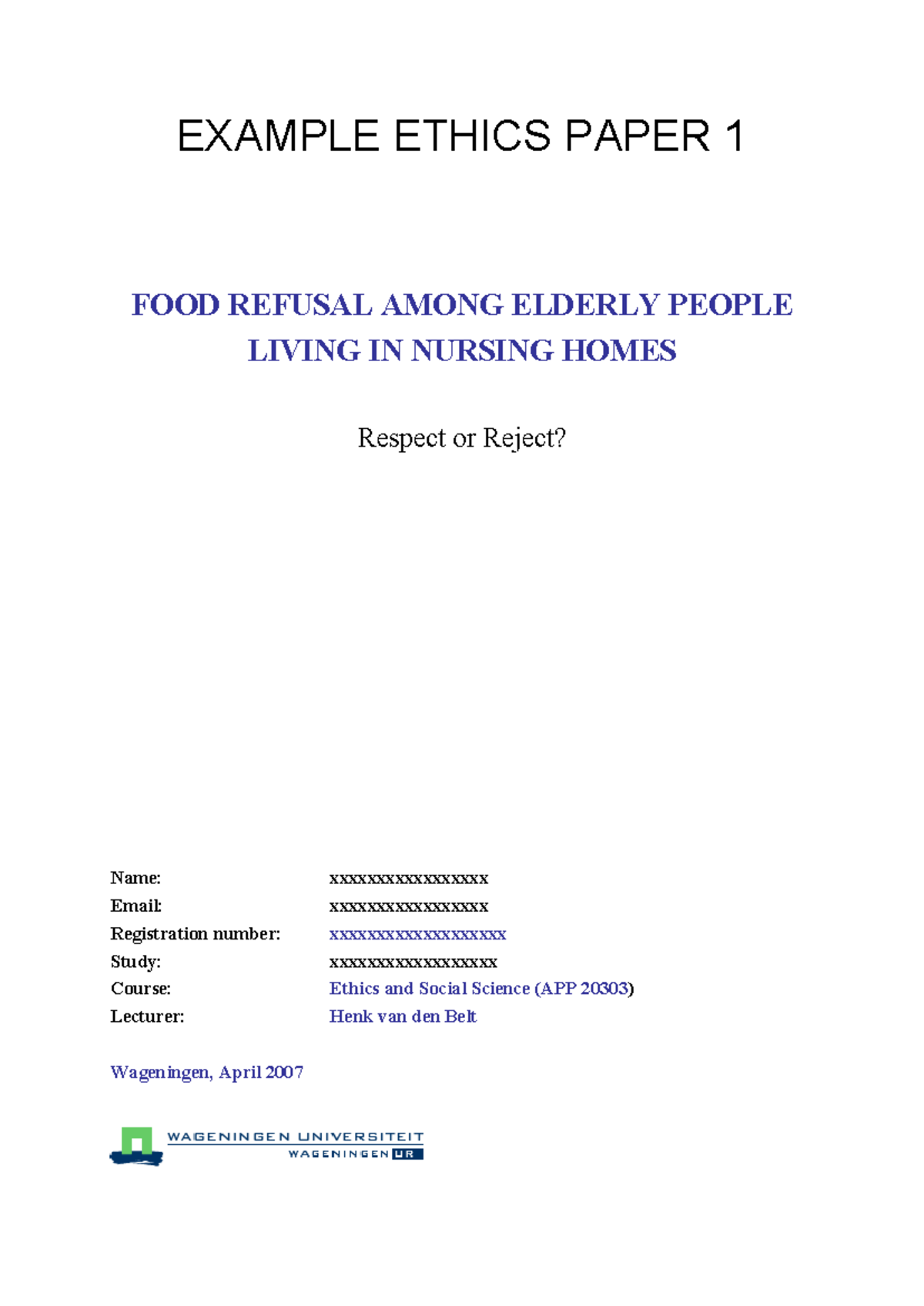 Example Ethics Paper 1 - EXAMPLE ETHICS PAPER 1 FOOD REFUSAL AMONG ...