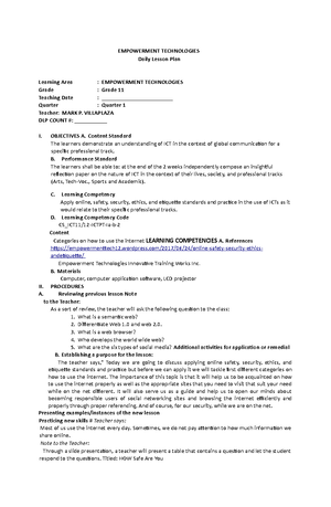 Cs ict11 12 ictpt ia b 1 - LESSON PLAN - EMPOWERMENT TECHNOLOGIES Daily ...