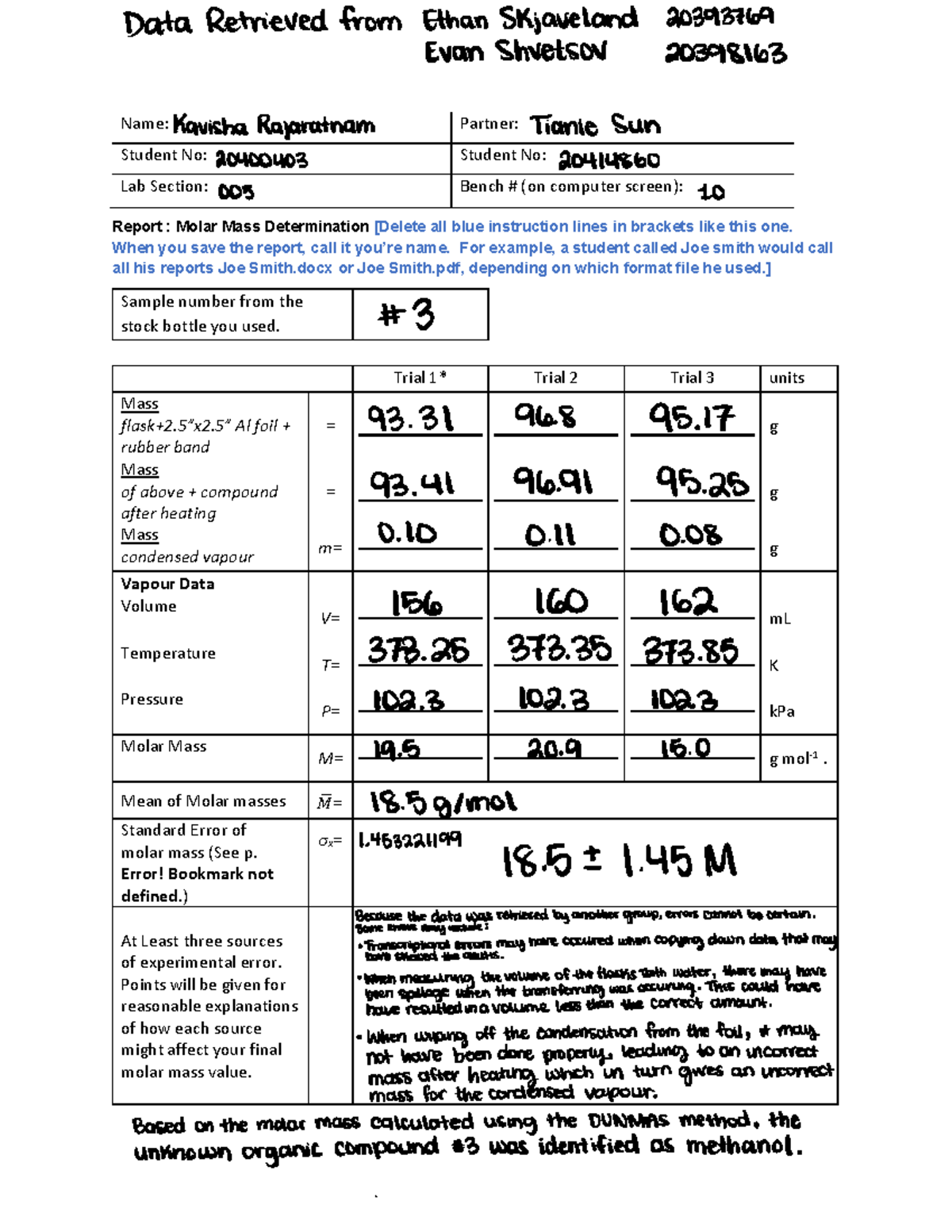 Molar Mass Lab - Name: Partner: Student No: Student No: Lab Section ...
