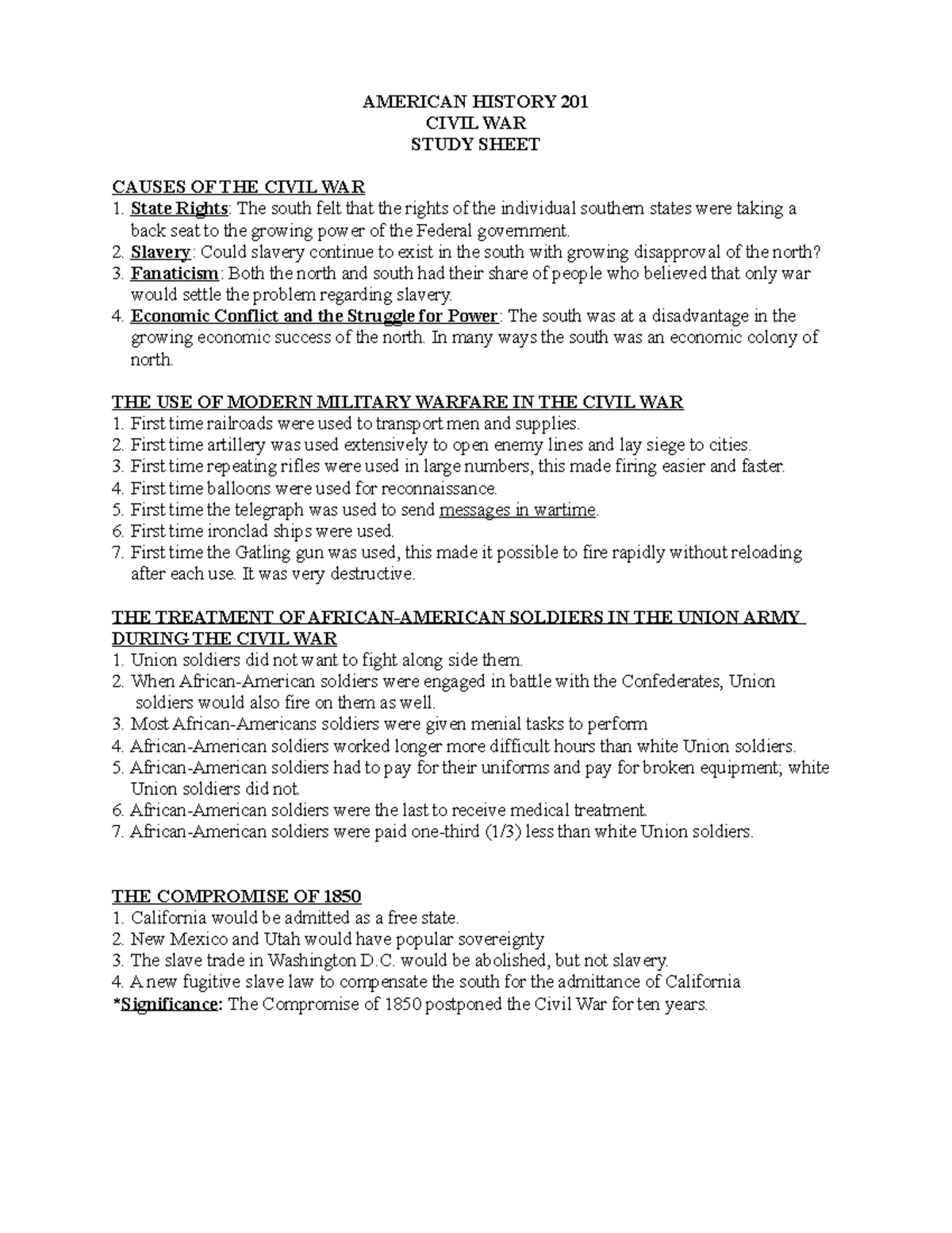 Civil War notes - EXAM III notes - AMERICAN HISTORY 201 CIVIL WAR STUDY ...