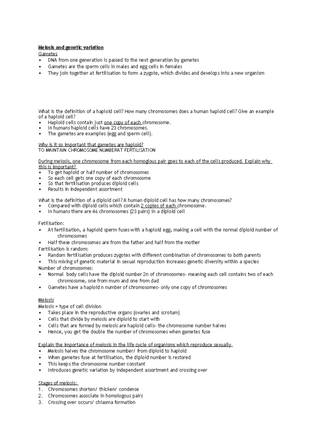 Meiosis and genetic variation - Meiosis and genetic variation Gametes ...