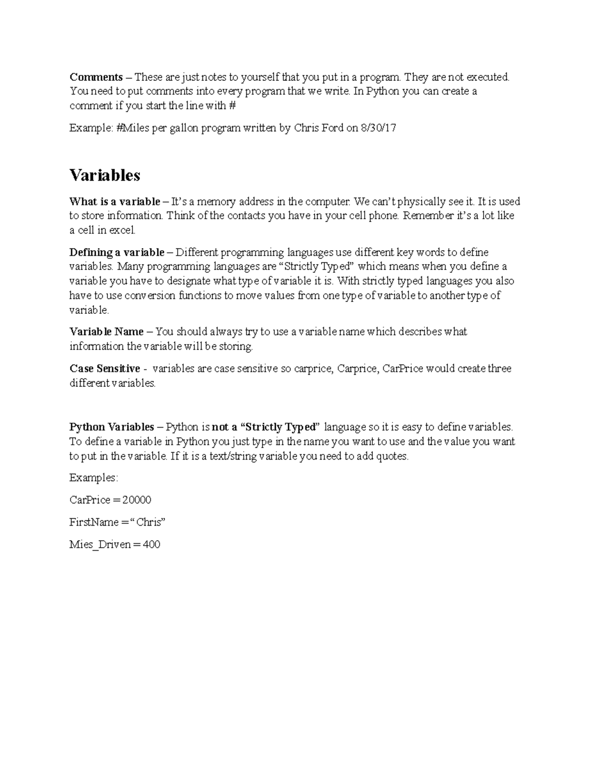 Python Variables Comments These Are Just Notes To Yourself That You Put In A Program They 3155