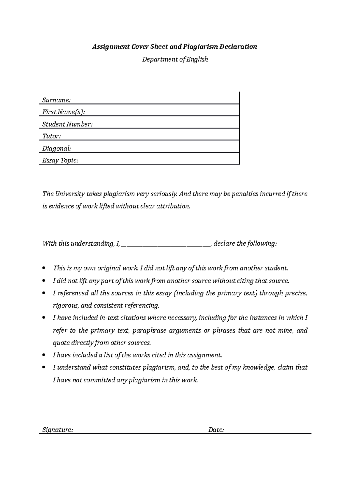 Assignment Cover Sheet and Plagiarism Declaration - Assignment Cover ...