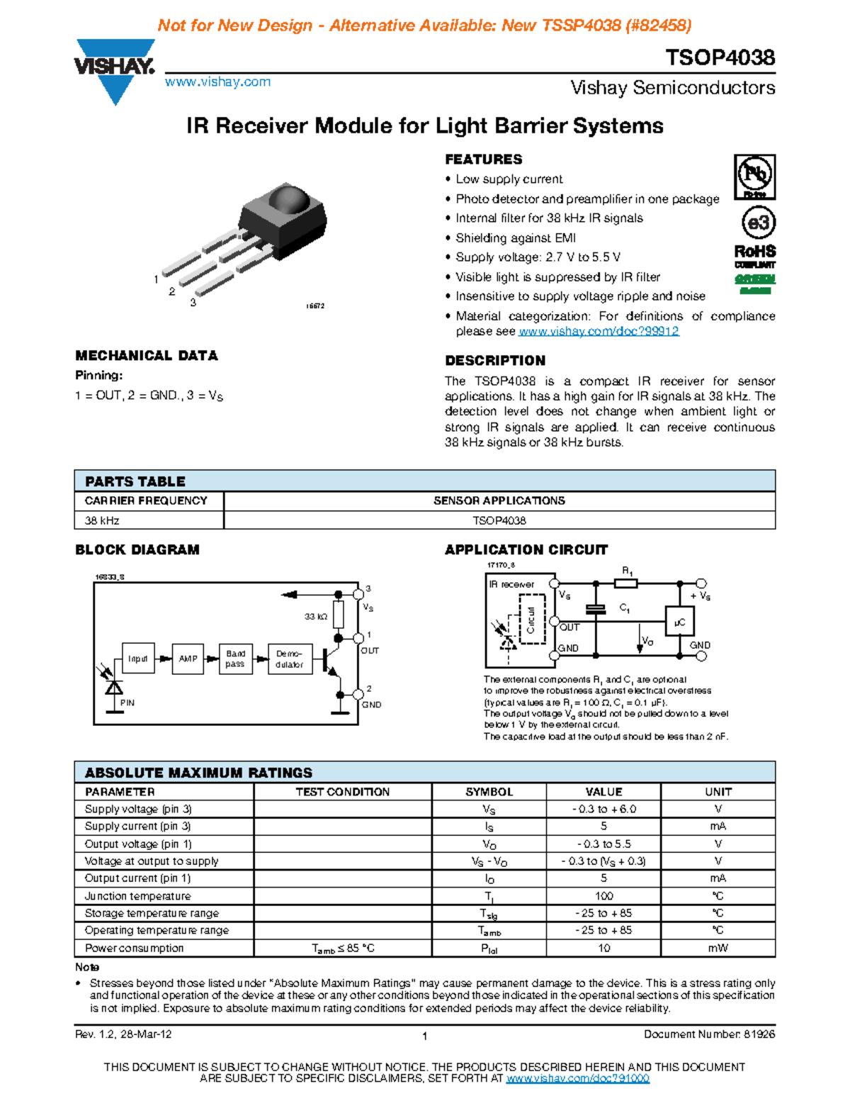 TSOP-4038 datasheet - TSOP vishay Vishay Semiconductors Rev. 1, 28-Mar ...