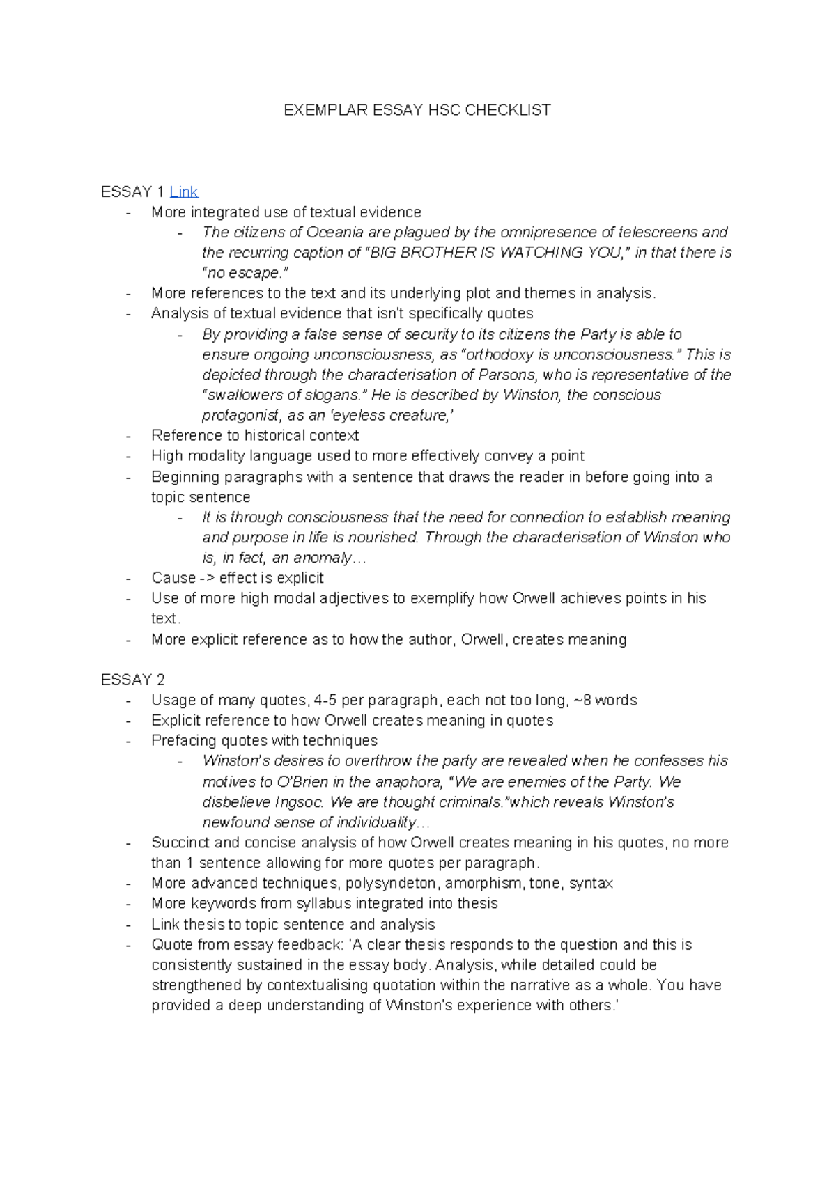 English Notes, Trial Feedback and Improvements - EXEMPLAR ESSAY HSC ...