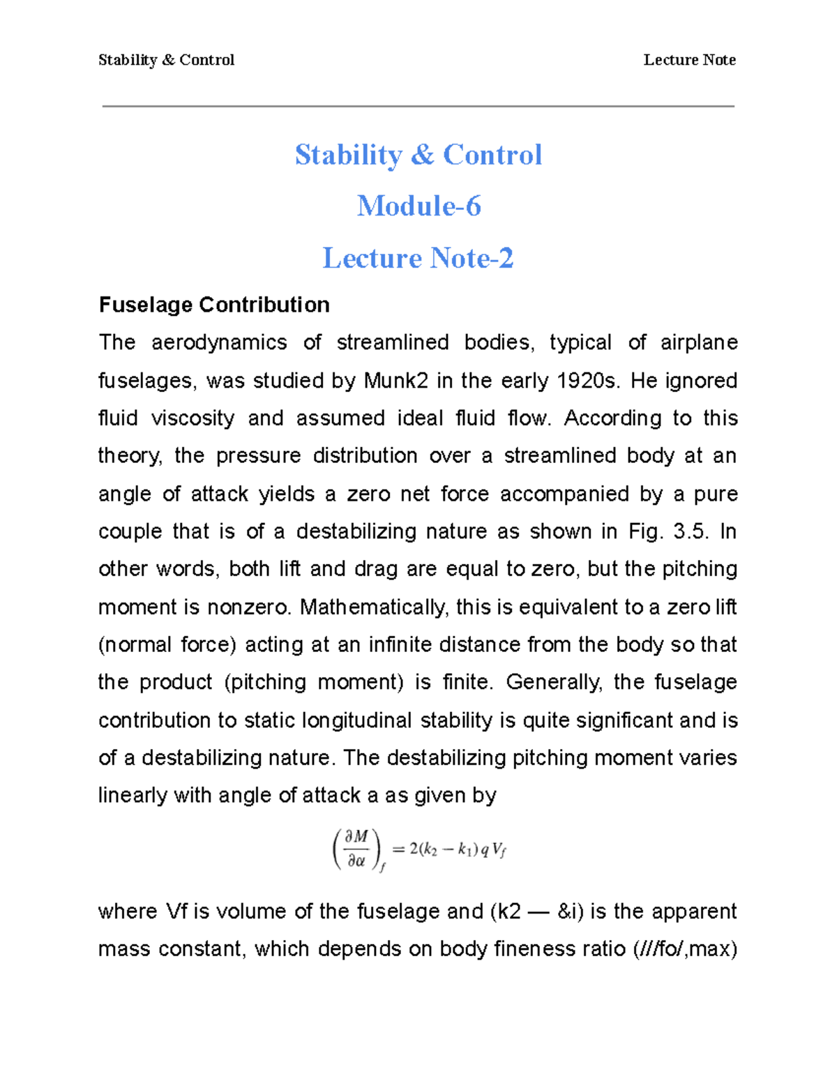 Stability & Control Module 6 Lecture Note 2 - Stability & Control ...