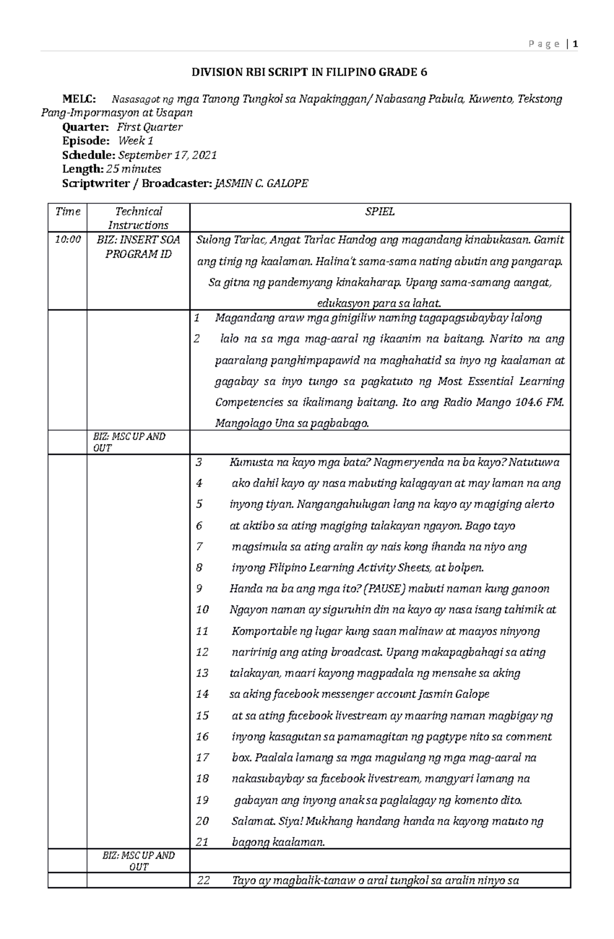FIL6- Script-WEEK 1 - radio based instruction script for grade 6 ...