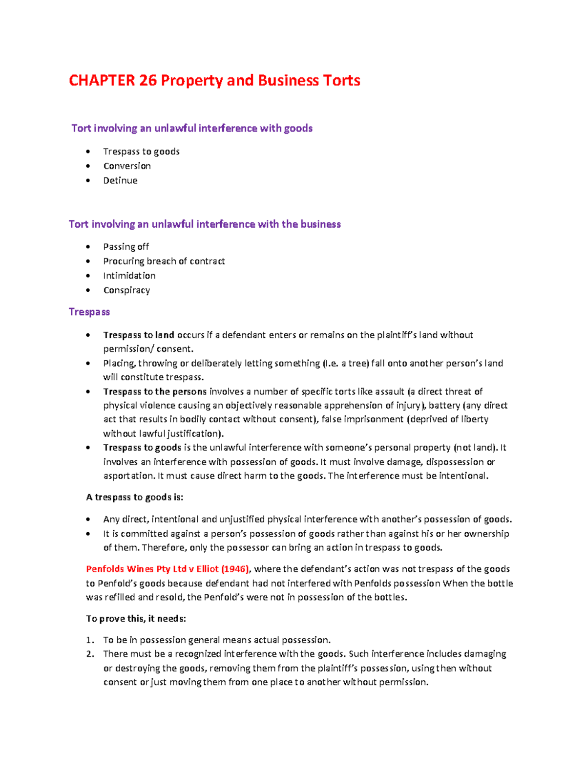 Property and Business Torts - Placing, throwing or deliberately letting ...