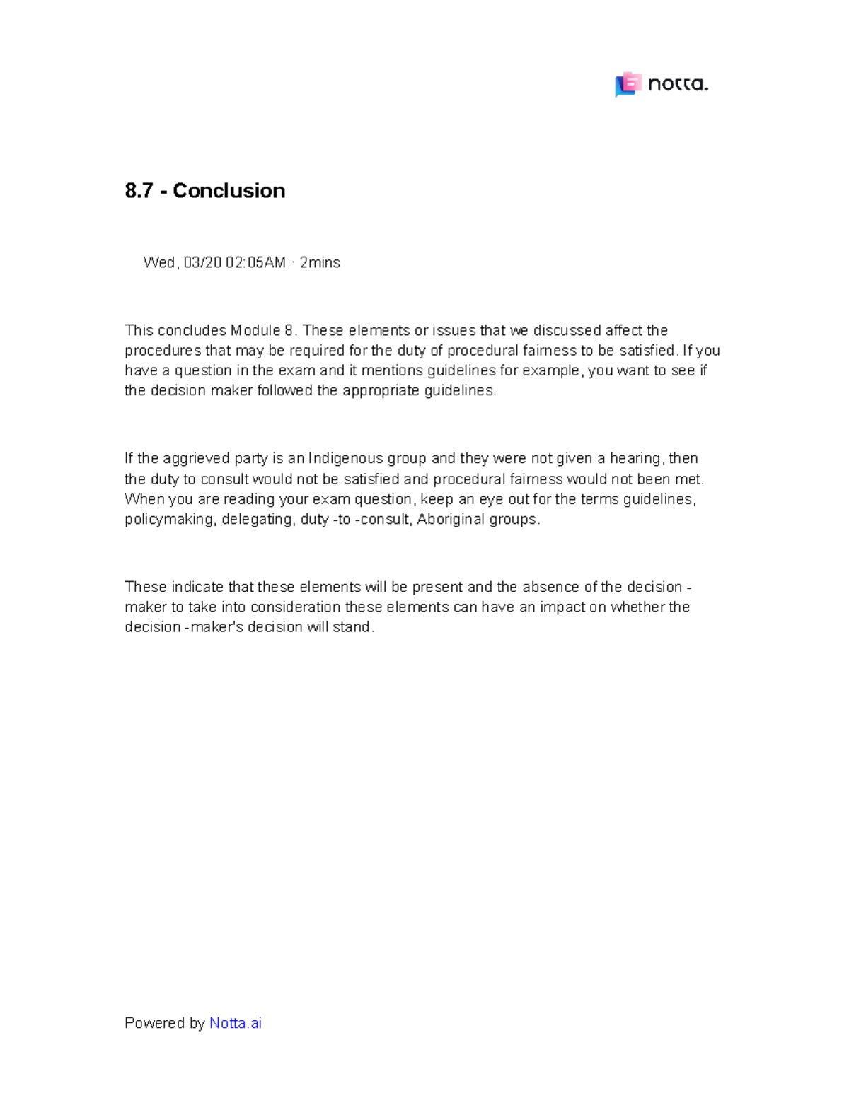 8.7 - Conclusion - Lecture notes - 8 - Conclusion ⏰ Wed, 03/20 02:05AM ...