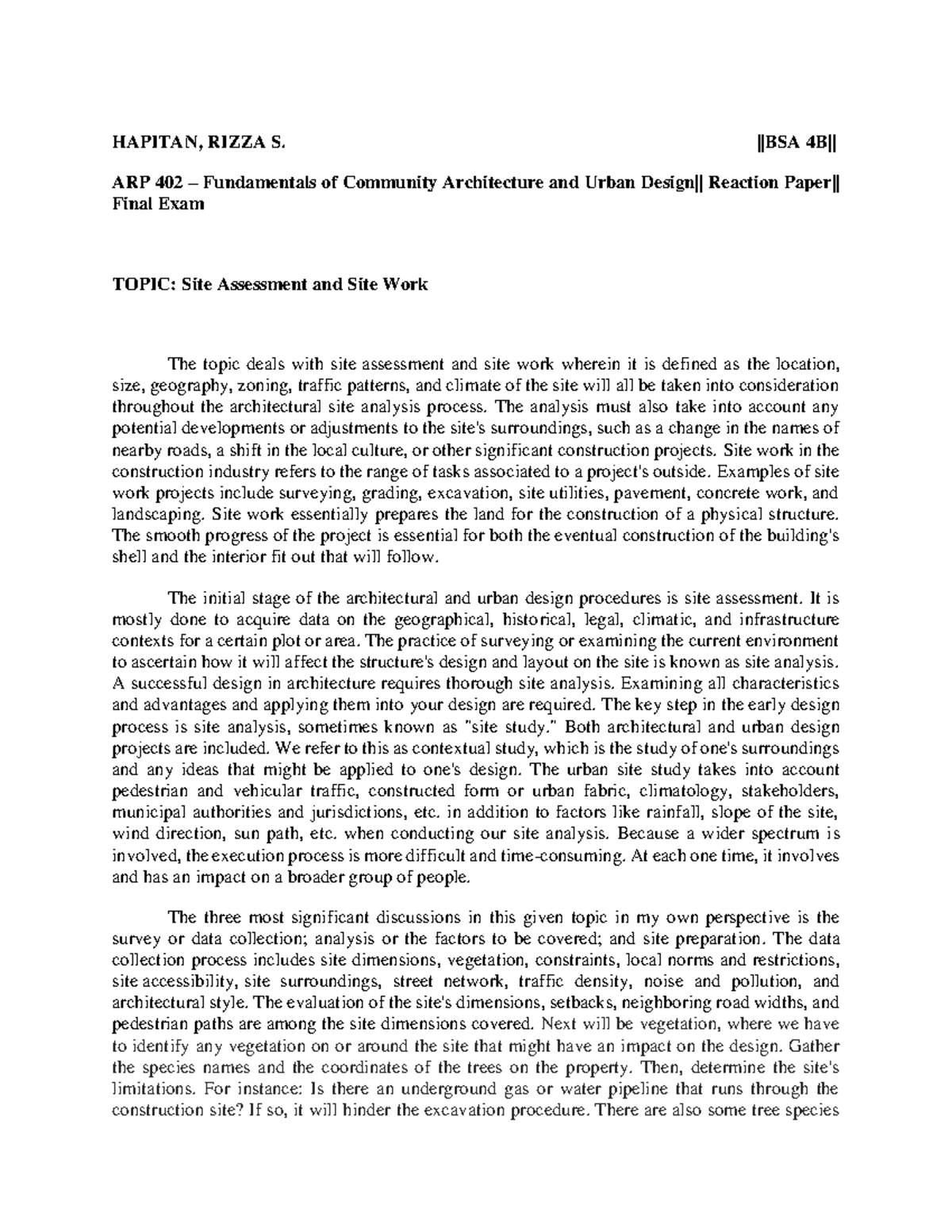 Reaction Paper (Site Assessment and Site Work - Hapitan) - HAPITAN ...