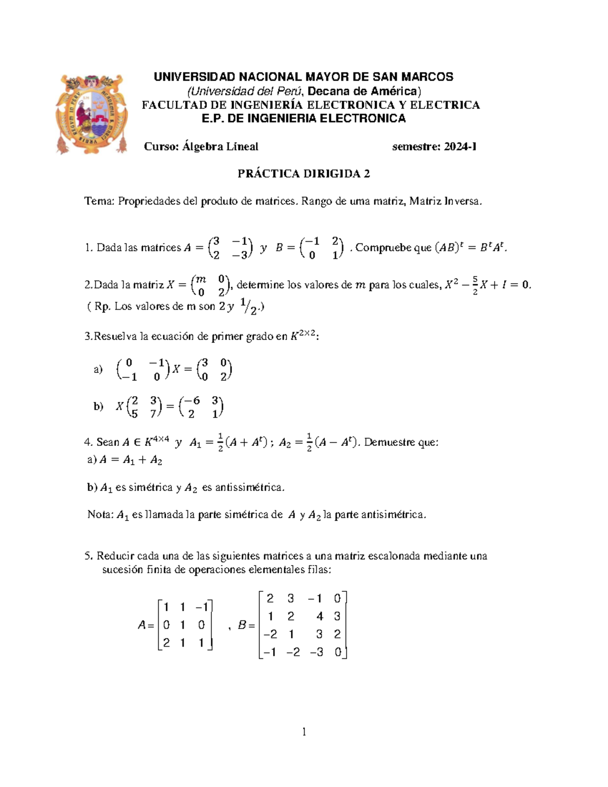 Practica Dirigida 2 FIIE - 1 UNIVERSIDAD NACIONAL MAYOR DE SAN MARCOS ...