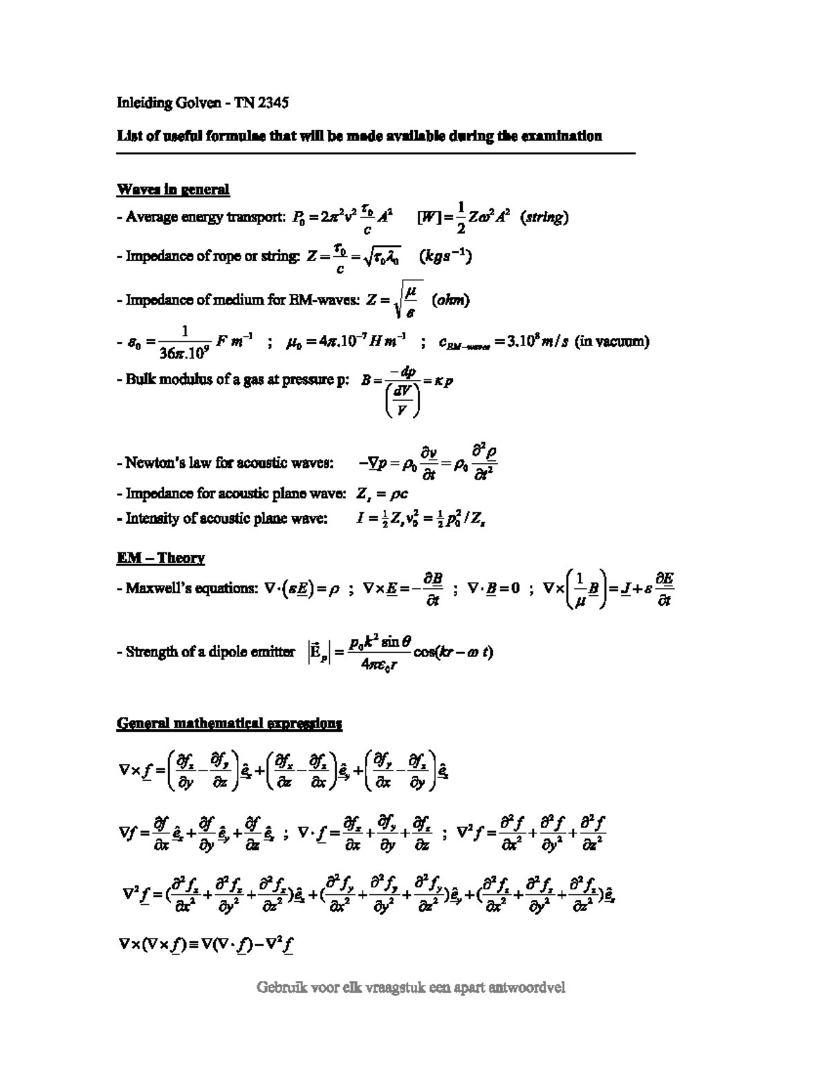 Formuleblad - Formule blad - Inleiding golven - Studeersnel