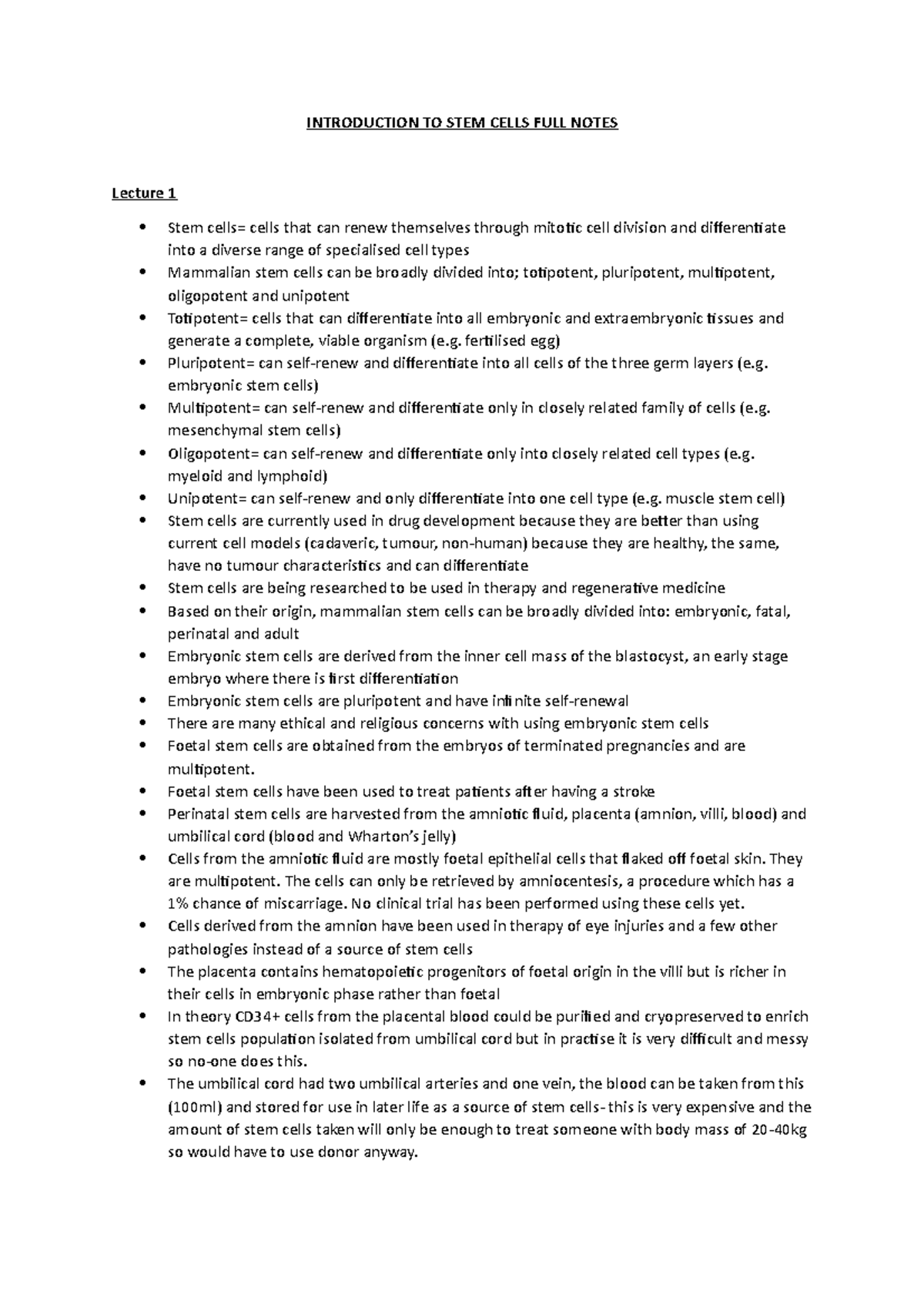 Introduction TO STEM Cells FULL Notes - INTRODUCTION TO STEM CELLS FULL ...