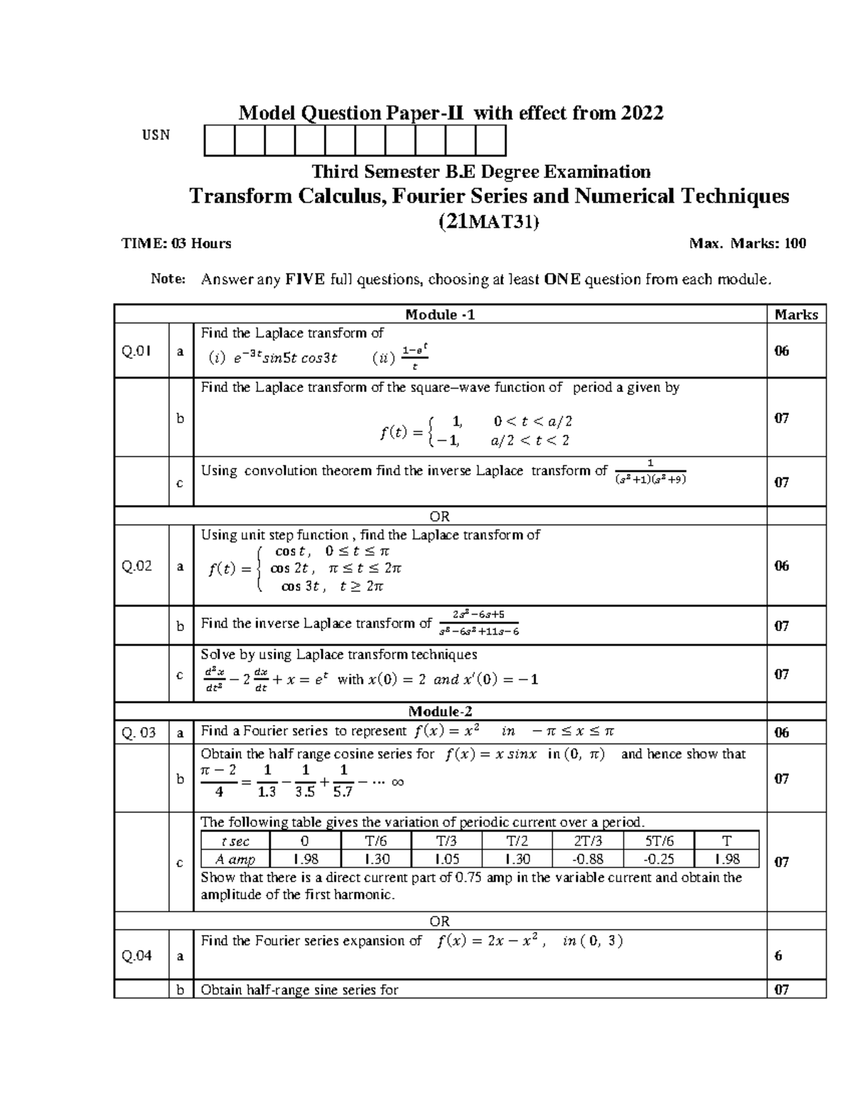 Model Paper-2 M3 - Model Question Paper-II with effect from 2022 USN ...