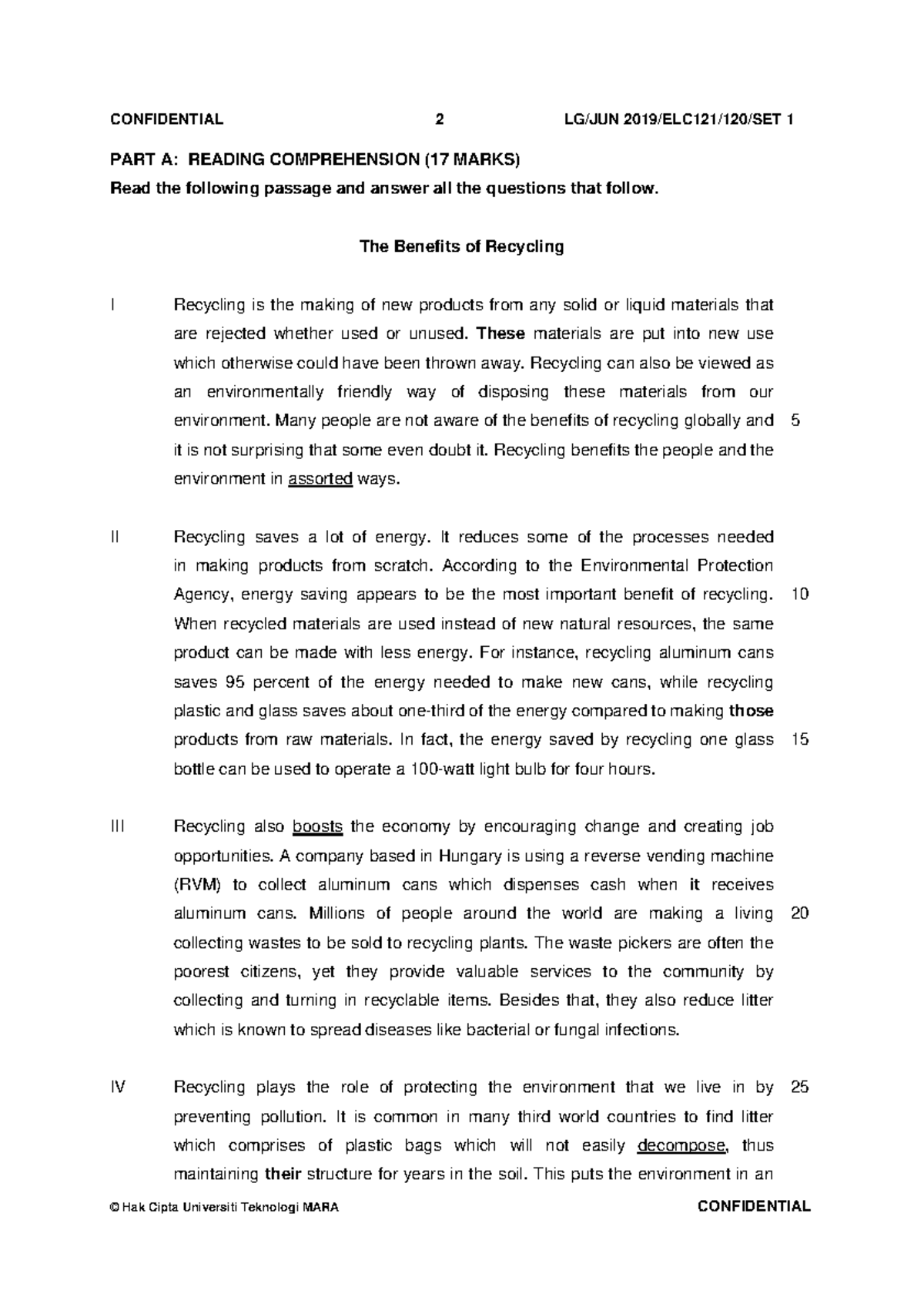 1. ELC121 Reading Task (June2019 ) - PART A: READING COMPREHENSION (17 MARKS) Read the following ...
