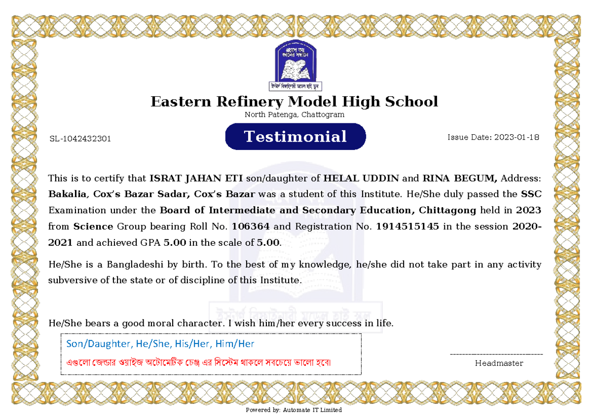 Testimonial Format - Powered by: Automate IT Limited Eastern Refinery ...