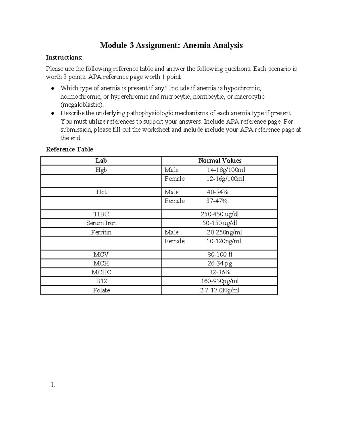 Anemia Analysis Worksheet - Module 3 Assignment: Anemia Analysis ...