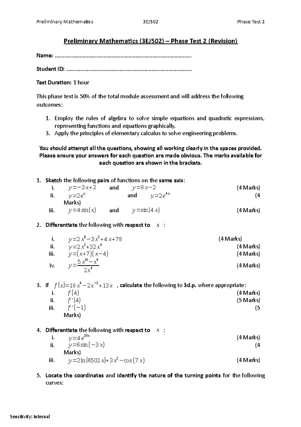 Test 2 2017, answers - Preliminary Mathematics 3EJ502 Phase Test 2 ...