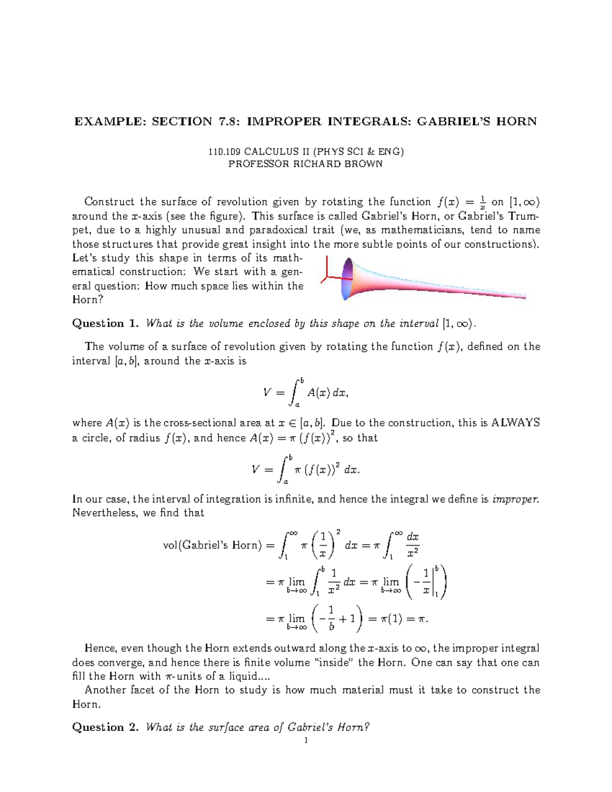 Section 7 - Tecnical - EXAMPLE: SECTION 7: IMPROPER INTEGRALS: GABRIEL’S HORN 110 CALCULUS II ...