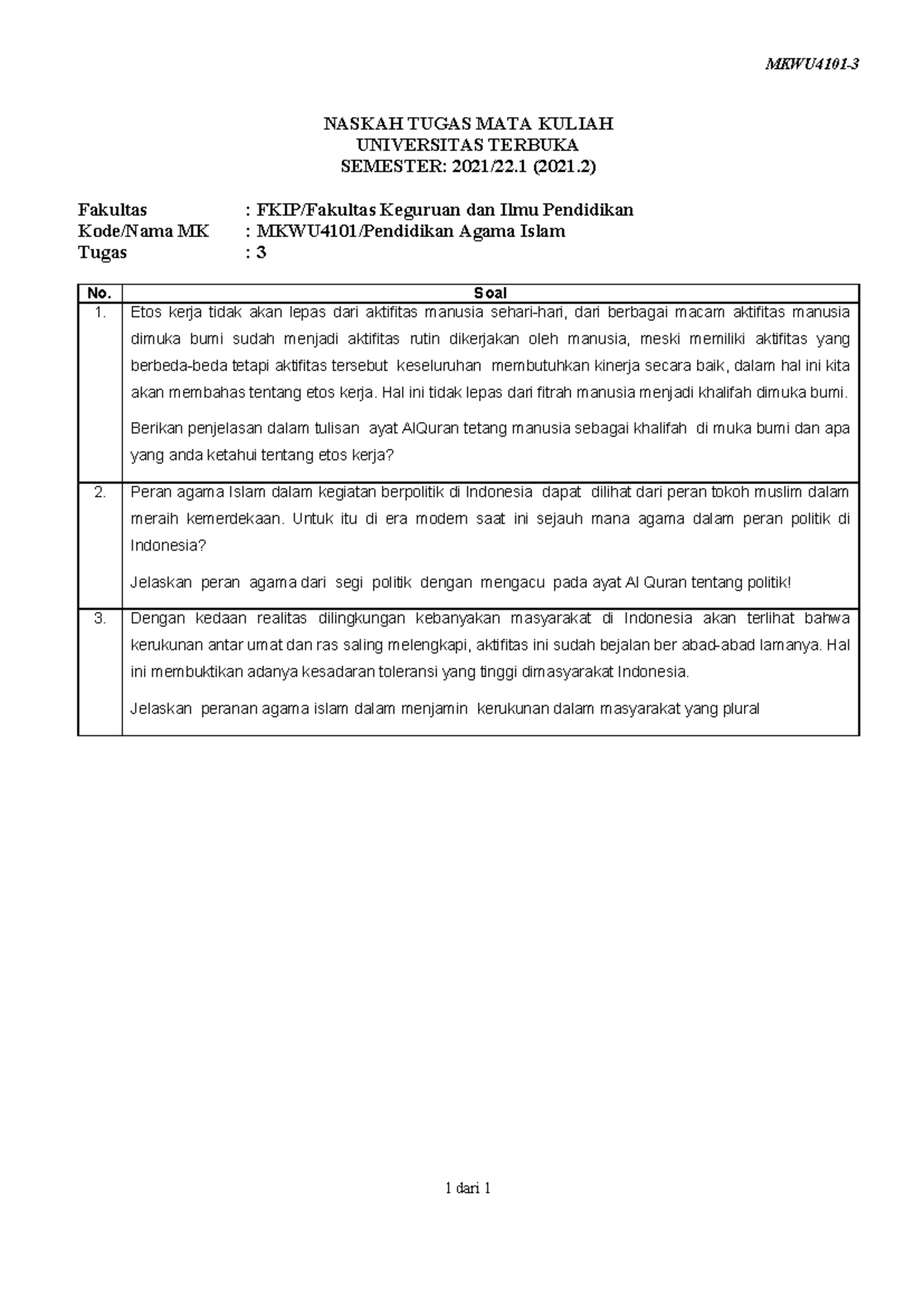 Soal mkwu4101 tmk3 3 - UNIVERSITAS TERBUKA - MKWU4101- 1 dari 1 NASKAH ...