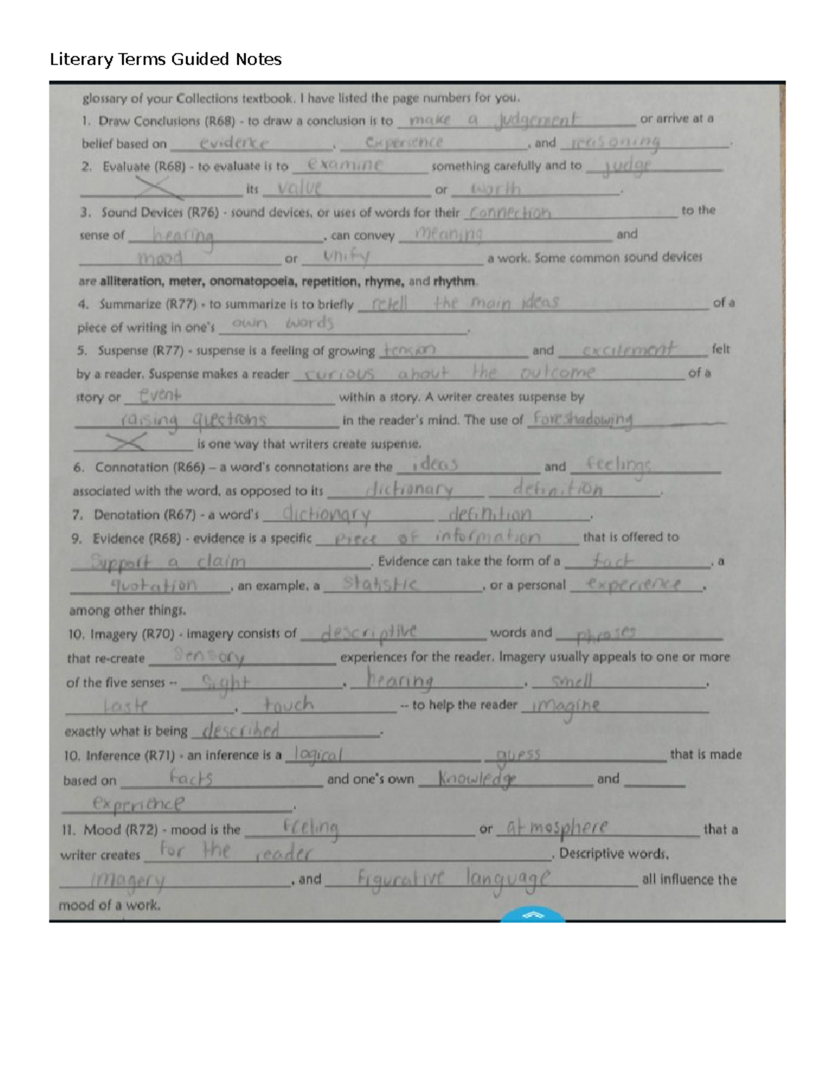 Literary Terms Guided Notes - Filled In - Literary Terms Guided Notes ...