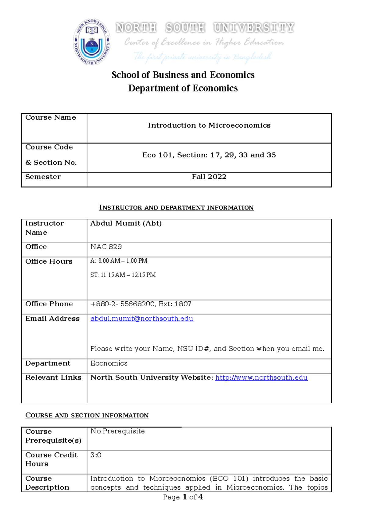 ECO 101 Fall 2022 Course outline - Introduction to Microeconomics - NSU ...