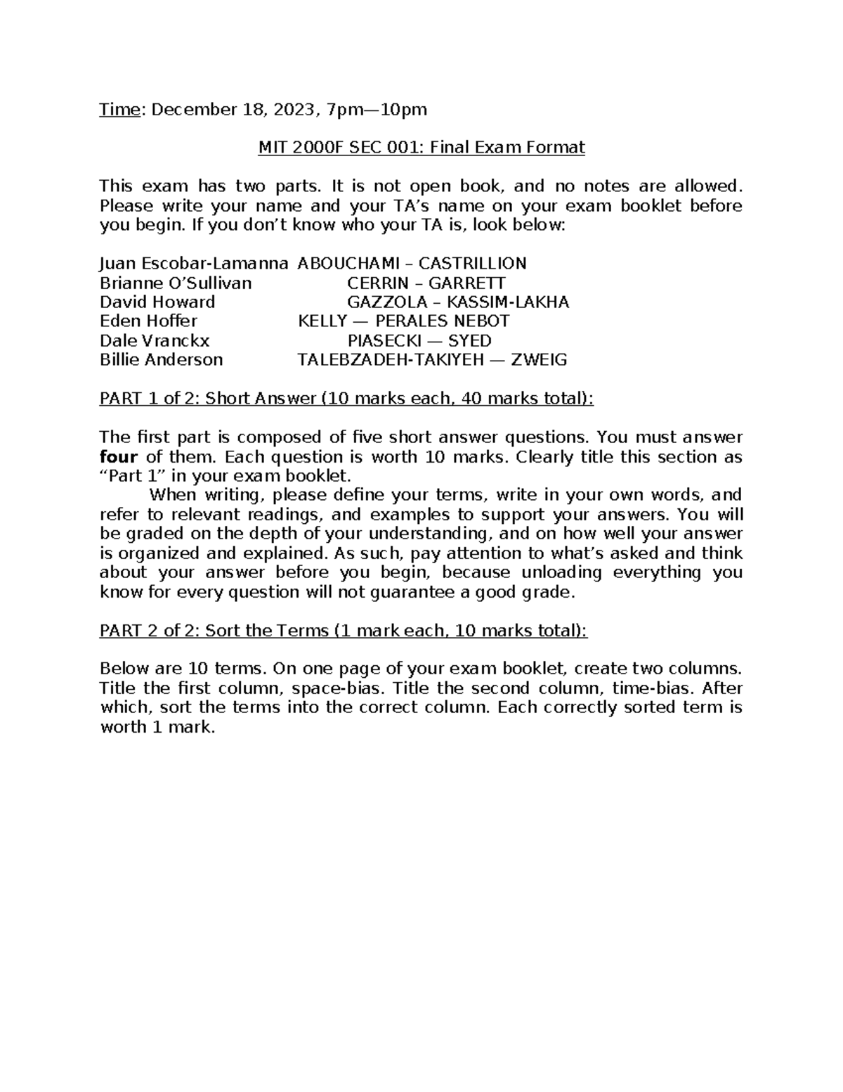 MIT 2000 F F23 Final Exam Format - Time: December 18, 2023, 7pm—10pm ...