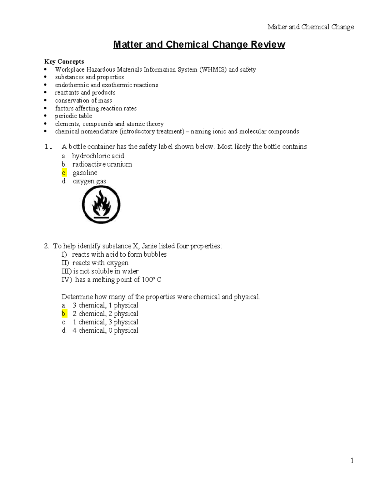 Matter and chemical change review key - Matter and Chemical Change ...