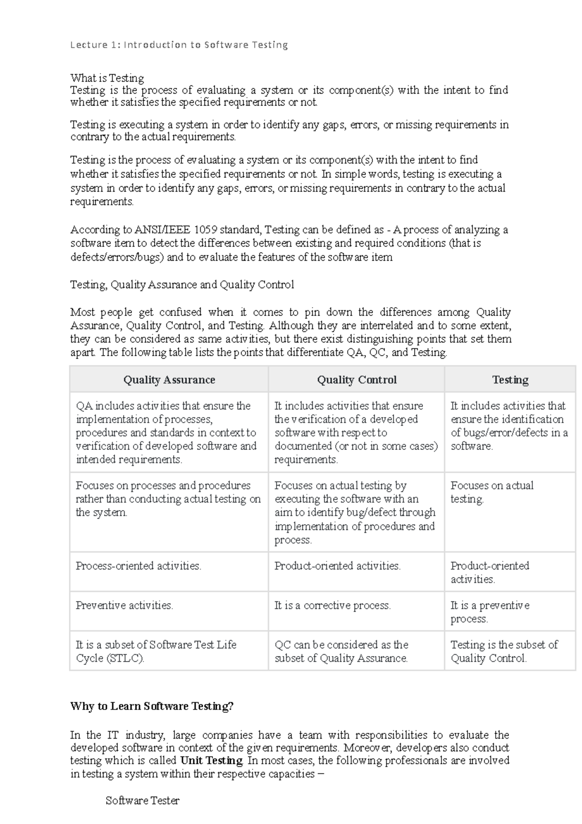 Lecture 1 Introduction To Software Testing Lecture 1 Introduction To Software Testing What Is