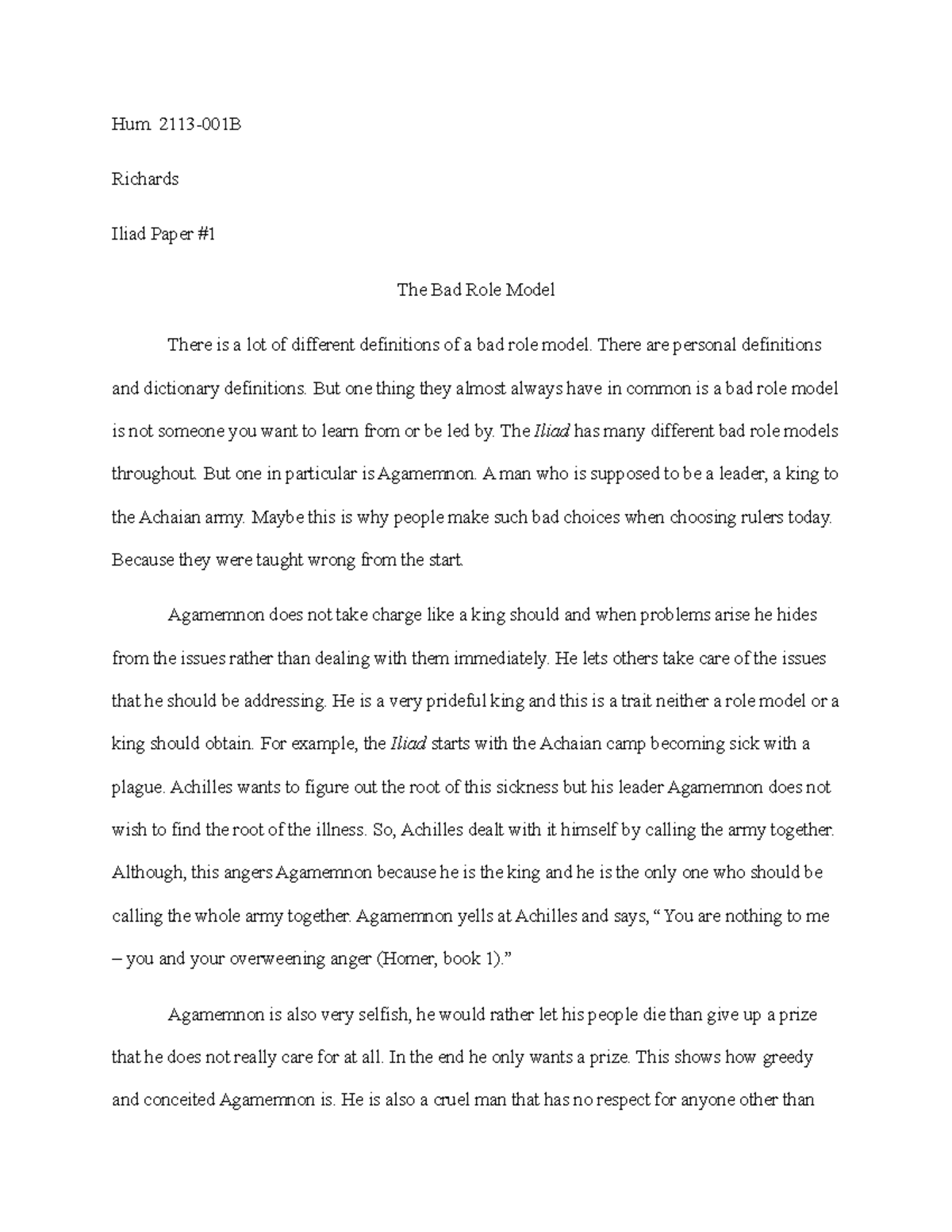 The Bad Role Model - Essay assignment, Dr. Hooey - Hum. 2113-001B ...
