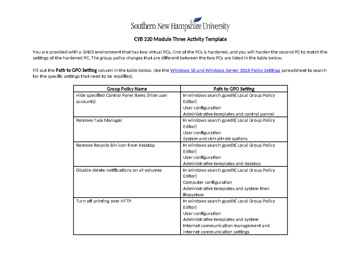 CYB 220 Module Three Activity Template Finished - CYB 220 Module Three Activity Template You are ...