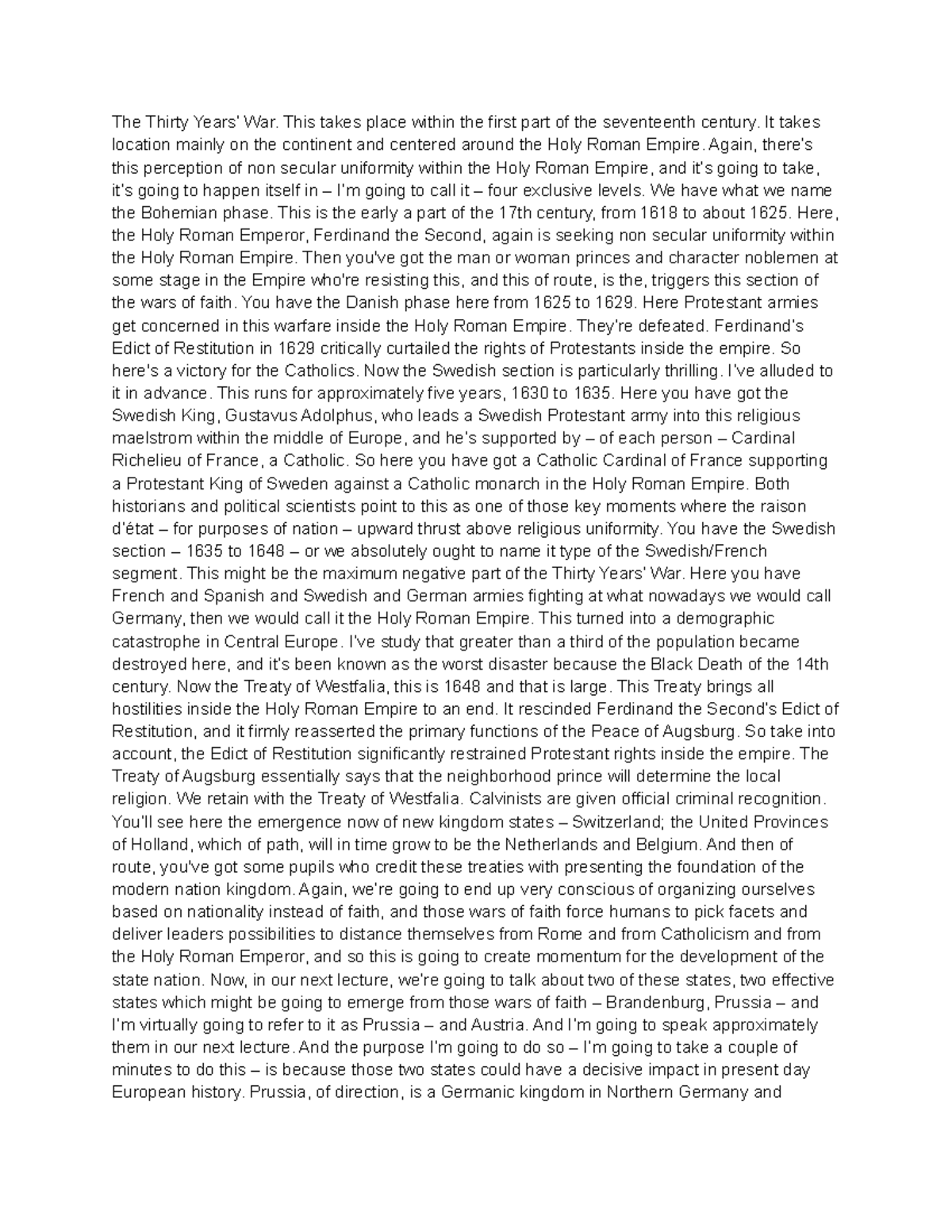 2312 Lesson 21 - Wars of Religion Part 2 - The Thirty Years’ War. This ...