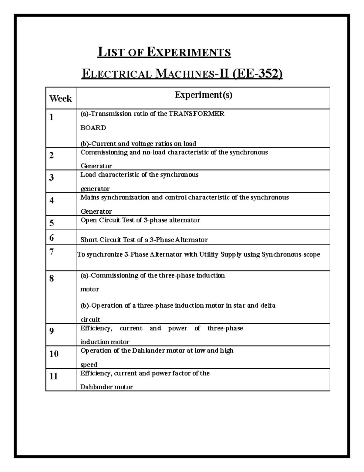 LIST OF Experiments - By Rabia Malik - L IST OF E XPERIMENTS E LECTRICAL MACHINES -II (EE-352 ...
