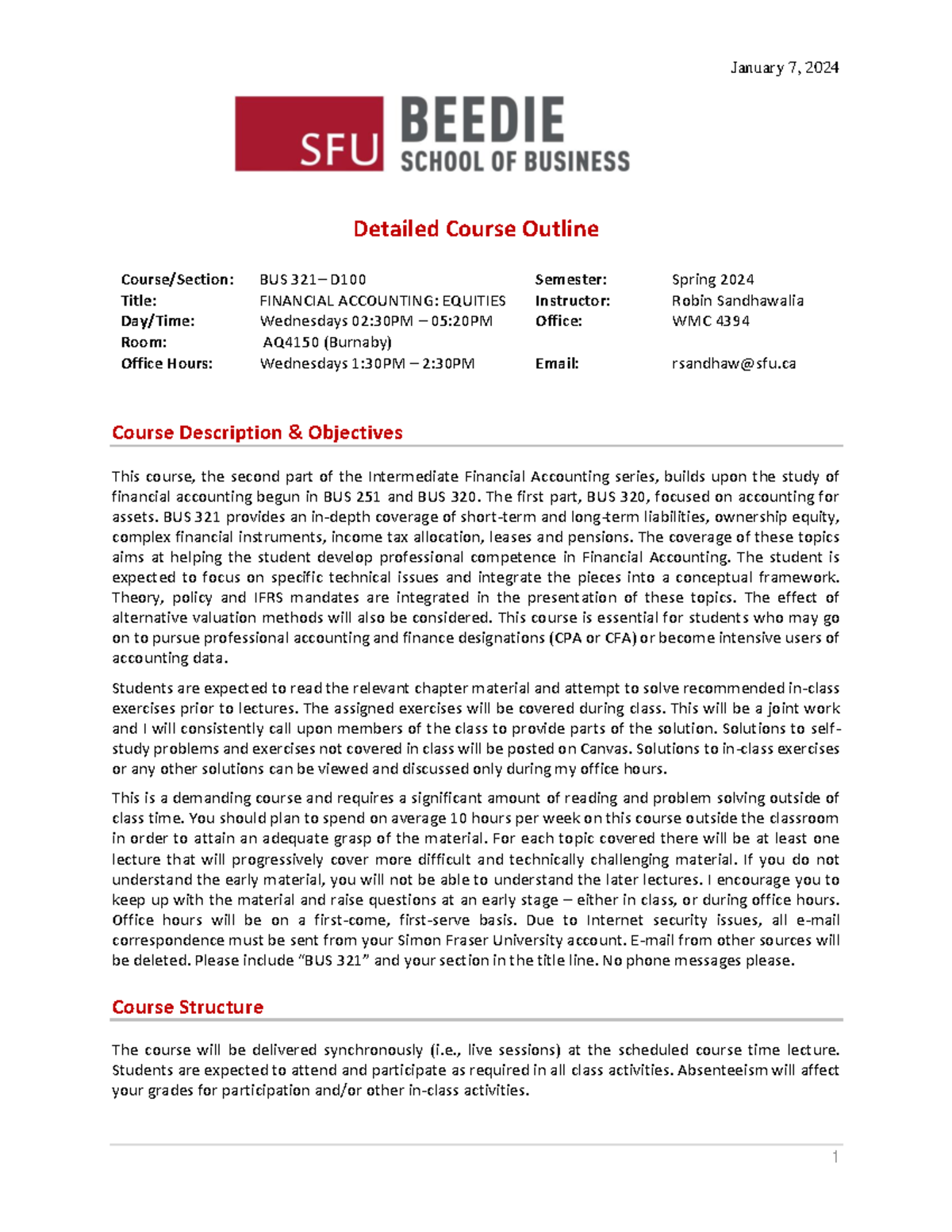 BUS 321 Spring 2024 - Detailed Course Outline D100 - Detailed Course ...