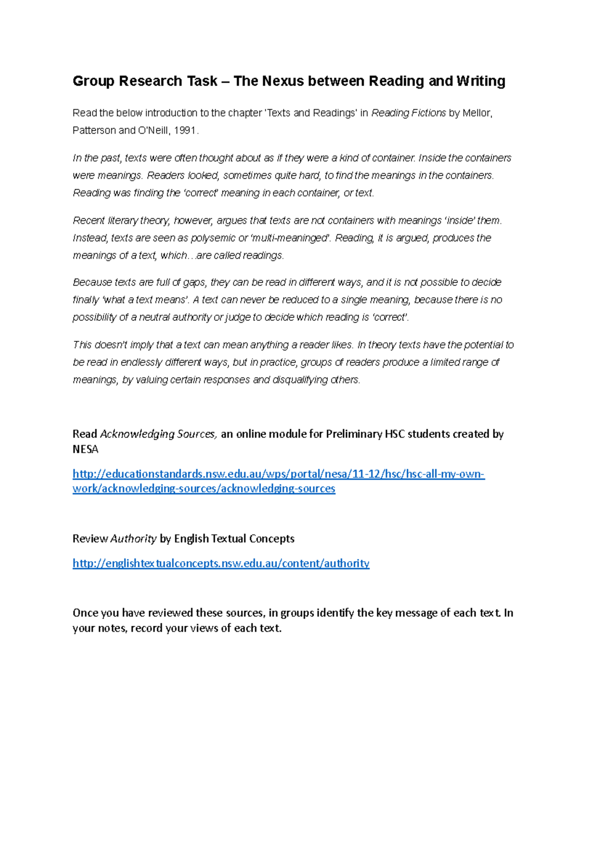 Writing practice - Group Research Task – The Nexus between Reading and ...