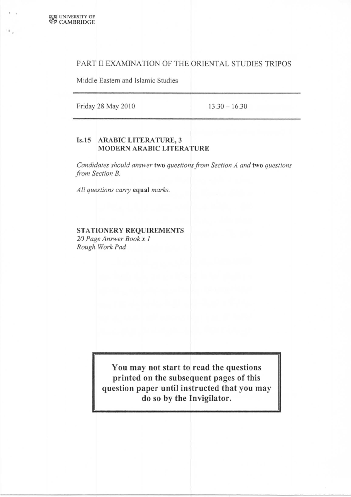 Exam 2010, questions - UNIVERSITY OF CAMBRIDGE PART II EXAMINATION OF ...