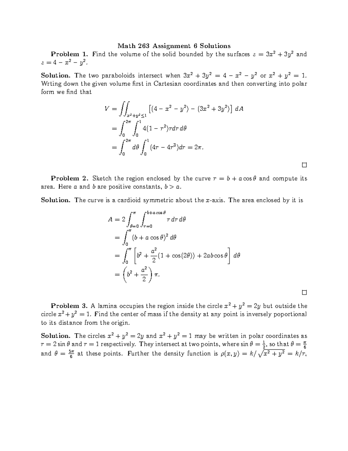 Double and triple integrals - Math 263 Assignment 6 Solutions Problem 1 ...