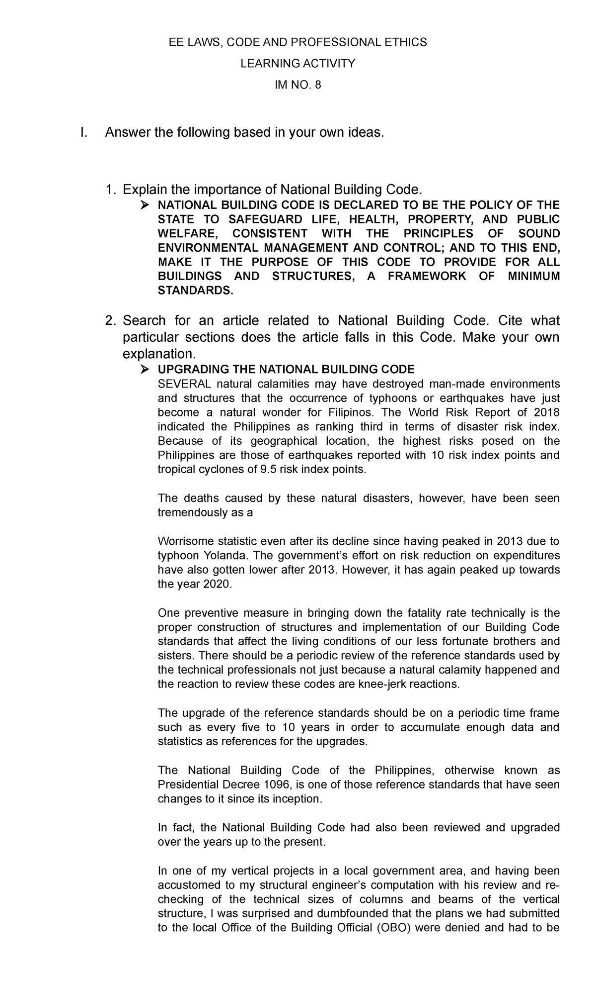 EE LAWS,CODE AND Ethics Learning Activity IM NO. 8 - EE LAWS, CODE AND ...