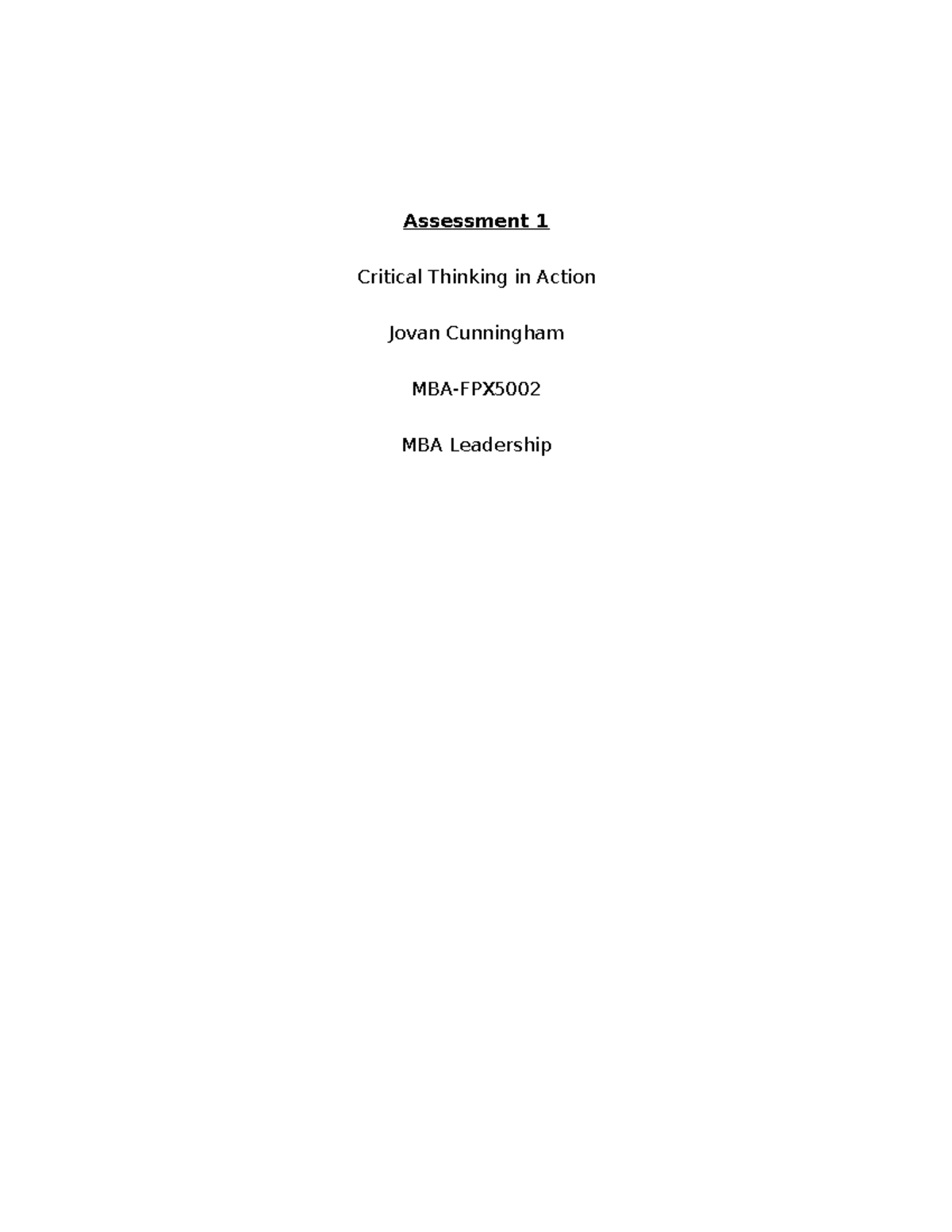 MBA-FPX5002 Cunningham,Jovan Assessment 1 Attempt 1 - Assessment 1 ...