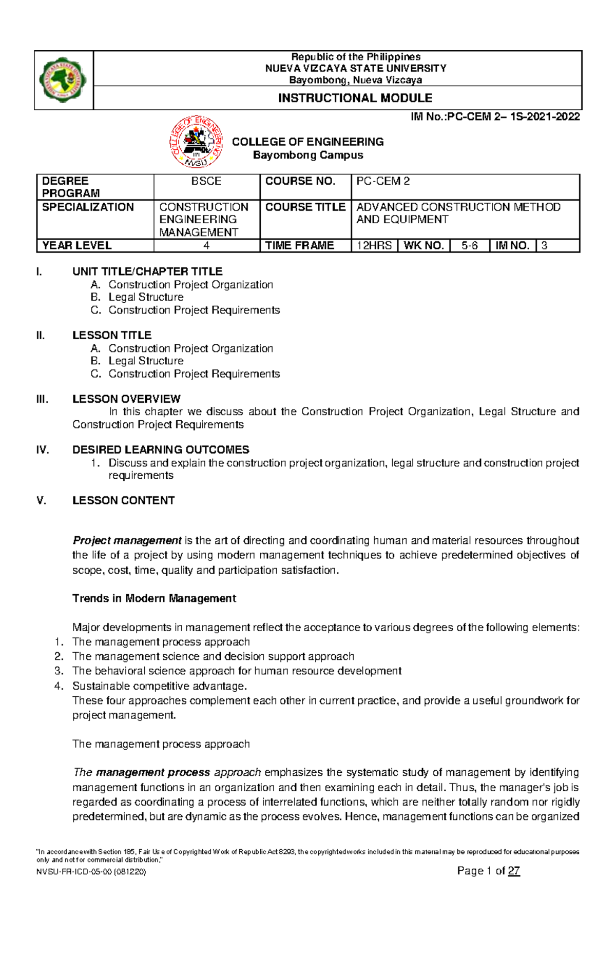 IM3 - COSH - NUEVA VIZCAYA STATE UNIVERSITY Bayombong, Nueva Vizcaya ...
