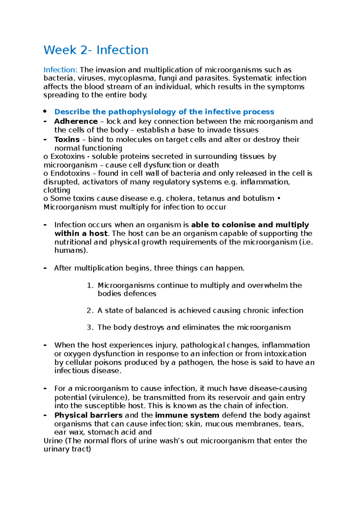 Infection - nursing - Week 2- Infection Infection: The invasion and ...