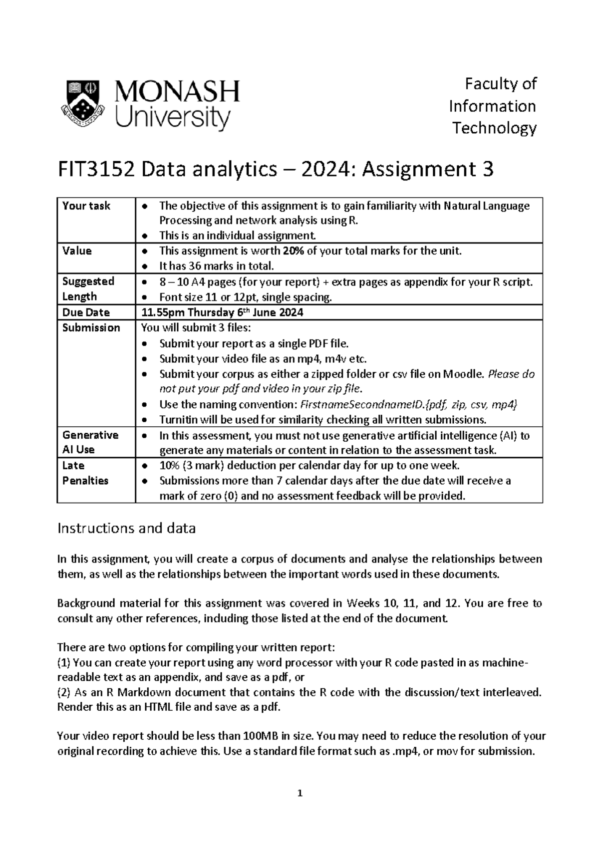 Fit3152 assignment 3 spec - 1 Faculty of Information Technology FIT3152 Data analytics – 2024 ...