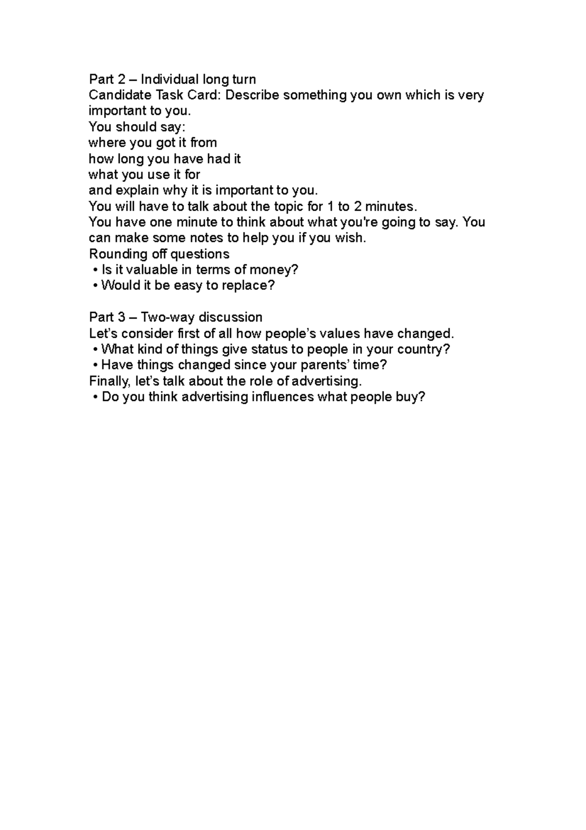 Part 2+3 - Part 2 – Individual long turn Candidate Task Card: Describe ...