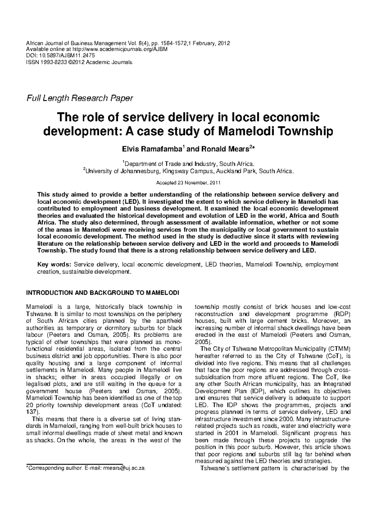 Local economic development - African Journal of Business Management Vol ...