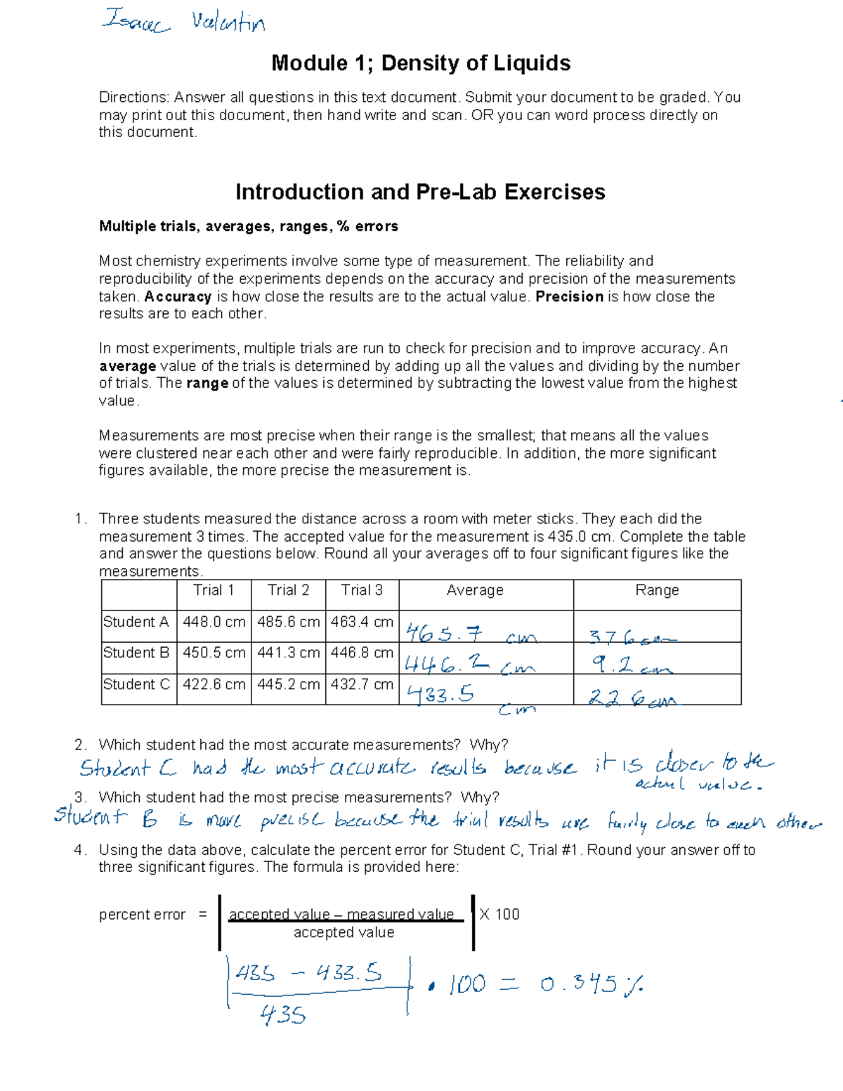 Module 1 Density of Liquids - Module 1; Density of Liquids Directions: Answer all questions in ...