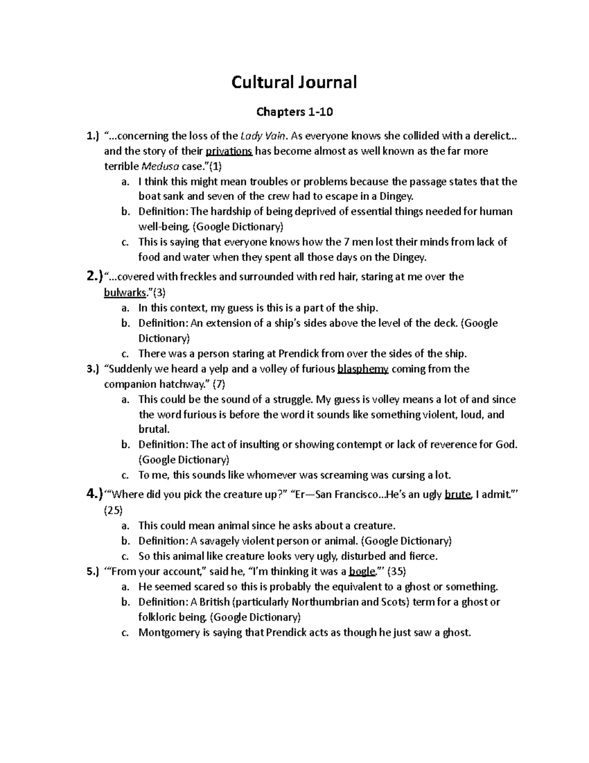 Cultural Journal - Island of Dr. Moreau - Cultural Journal Chapters 1 ...