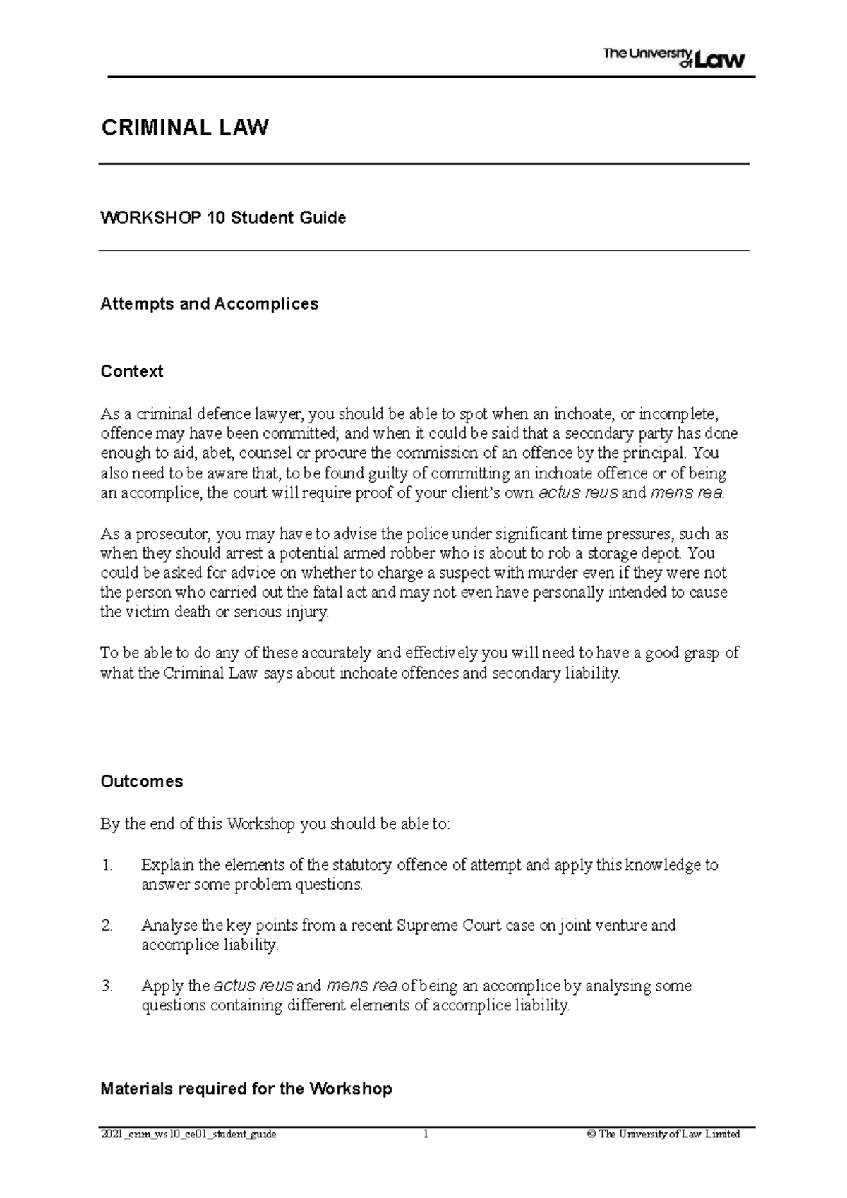 2021 crim ws10 ce01 student guide - CRIMINAL LAW WORKSHOP 10 Student ...