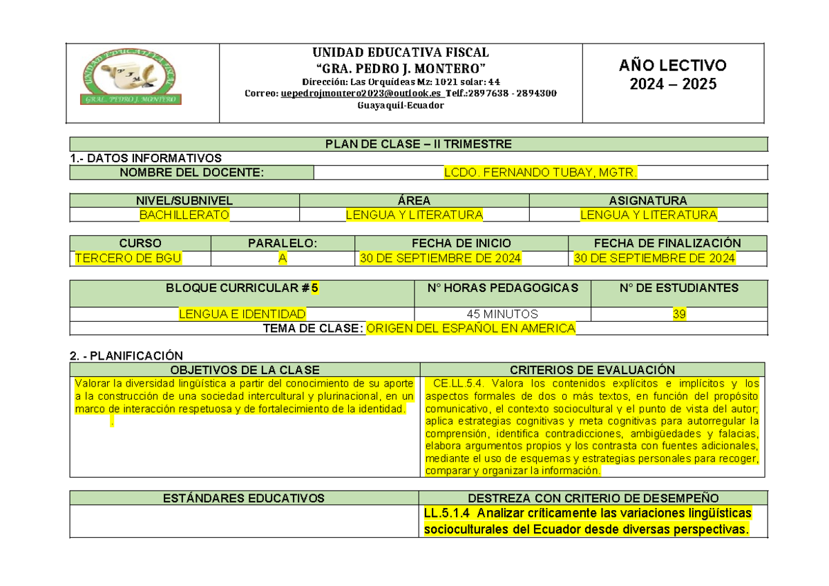 Formato PLAN DE Clase 2024-2025 - PLAN DE CLASE – II TRIMESTRE 1.- DATOS INFORMATIVOS NOMBRE DEL ...