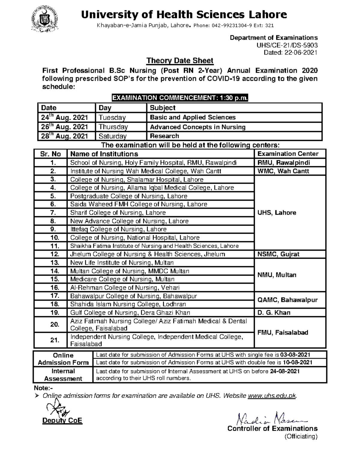 UHS datesheet for 2021 academic year - University of Health Sciences ...