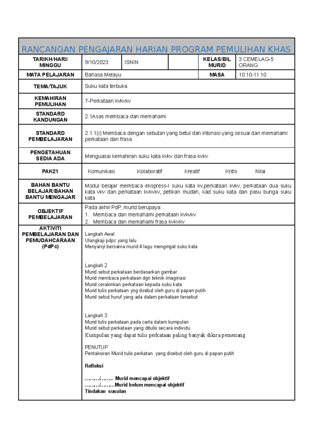 E RPH BM2A3A - CONTOH RPH - RANCANGAN PENGAJARAN HARIAN PROGRAM PEMULIHAN KHAS TARIKH/HARI ...